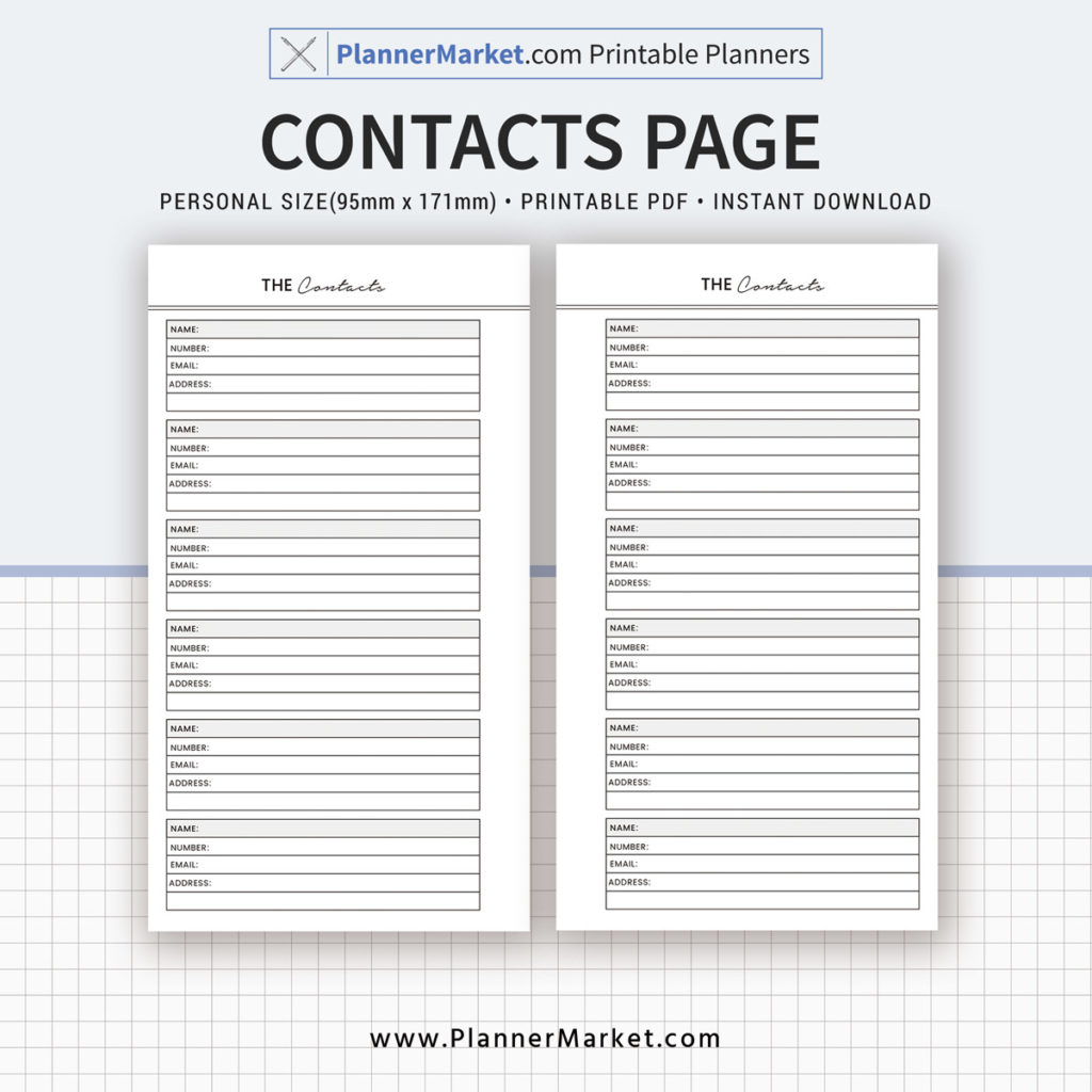 Contacts Page, Personal Size Inserts, Planner Refill, Planner Binder ...