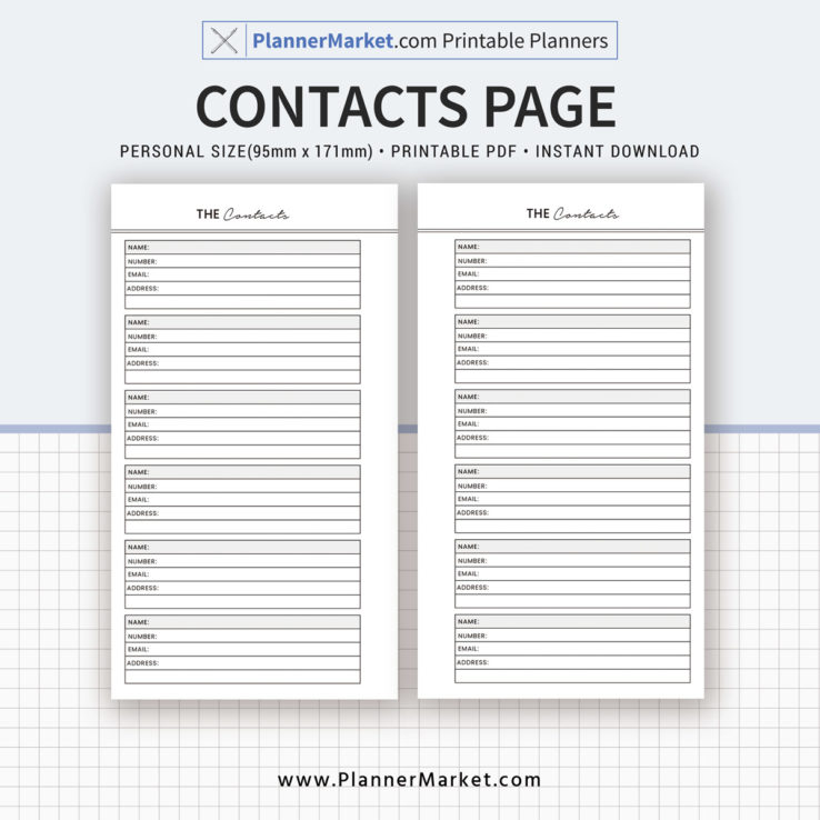 Contacts Page, Personal Size Inserts, Planner Refill, Planner Binder ...