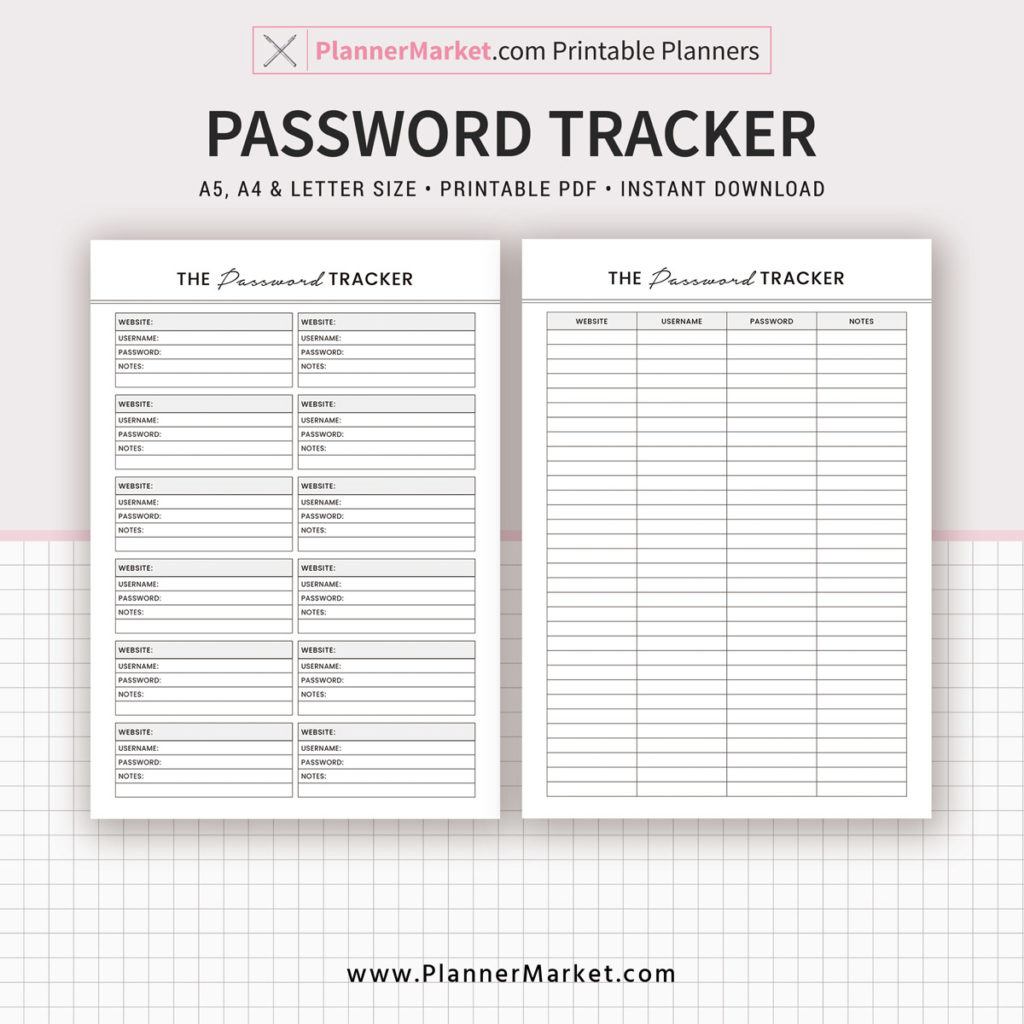 Password Tracker, A5, A4, Letter Size, Printable Planner, Planner ...