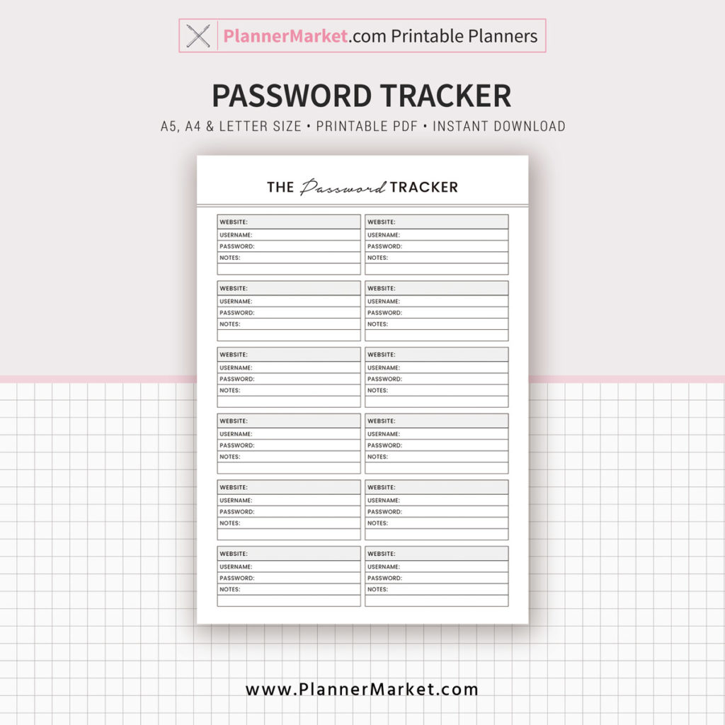 Password Tracker, A5, A4, Letter Size, Printable Planner, Planner ...