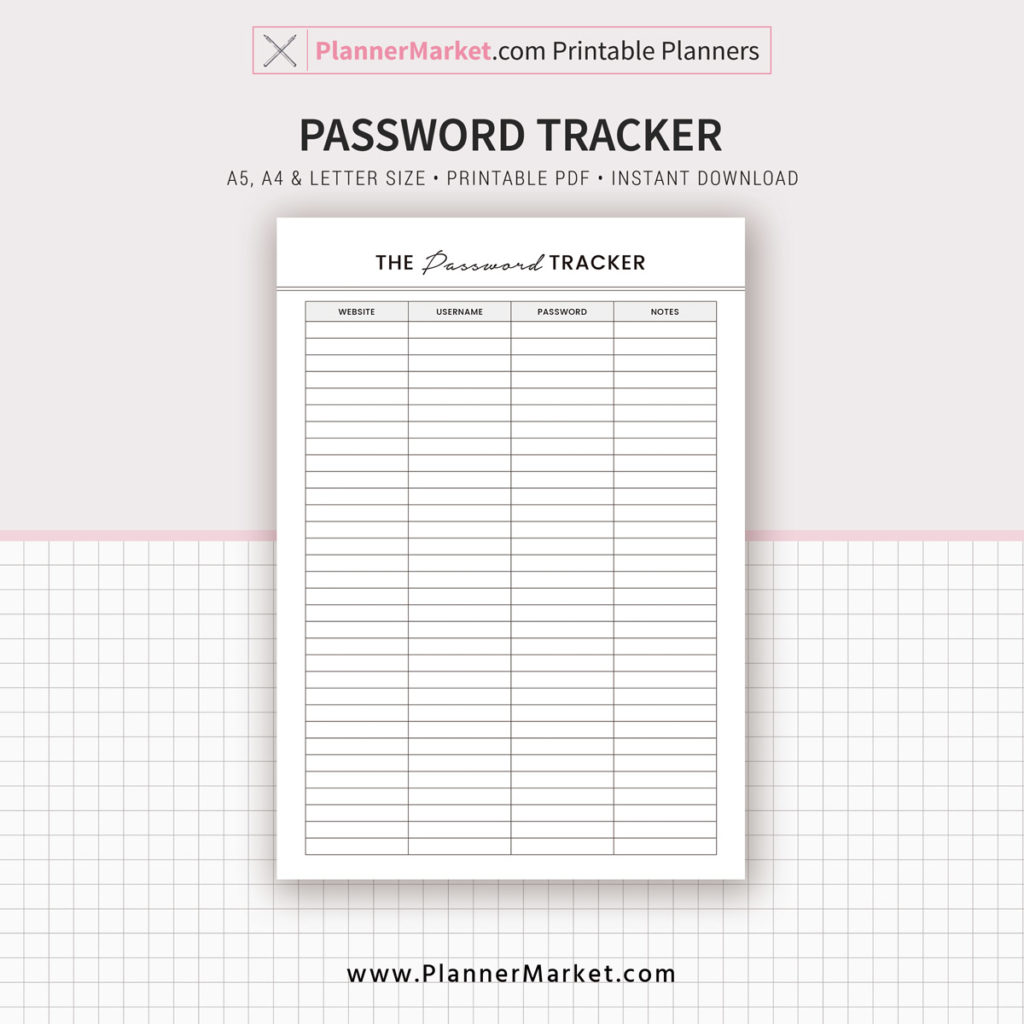 Password Tracker, A5, A4, Letter Size, Printable Planner, Planner ...