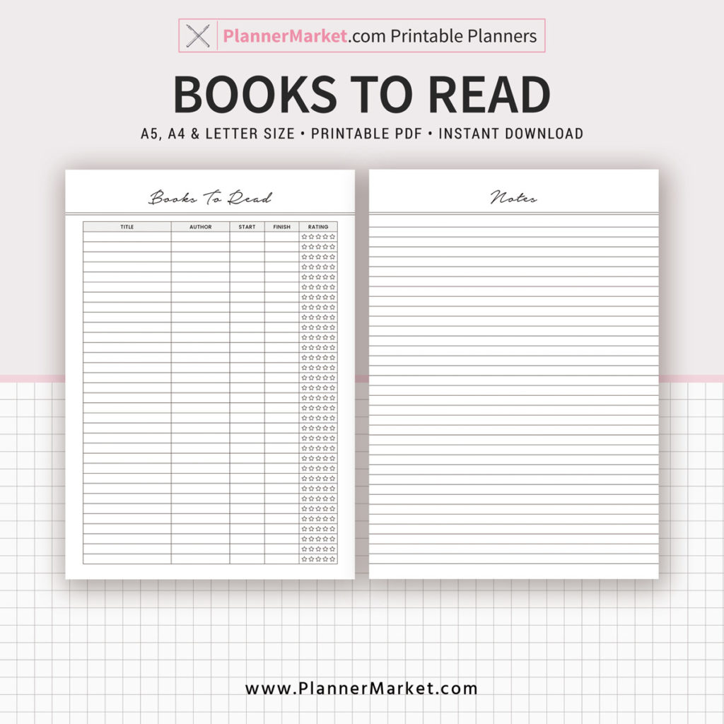 Books To Read, Notes, A5, A4, Letter Size, Printable Planner Design ...