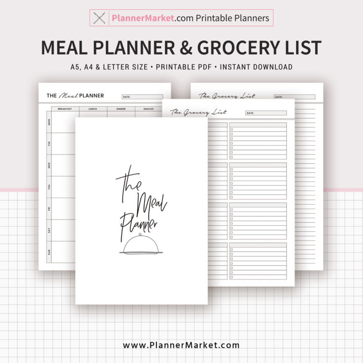 Meal Planner, Menu Planner, Grocery List, A5, A4, Letter Size, Planner ...
