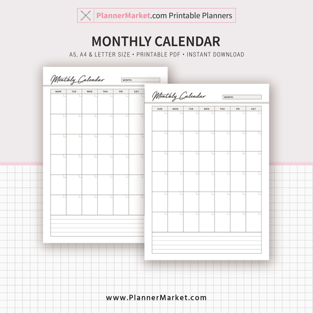 Undated Monthly Calendar, Monthly Planner, Planner Inserts, A5, A4 ...