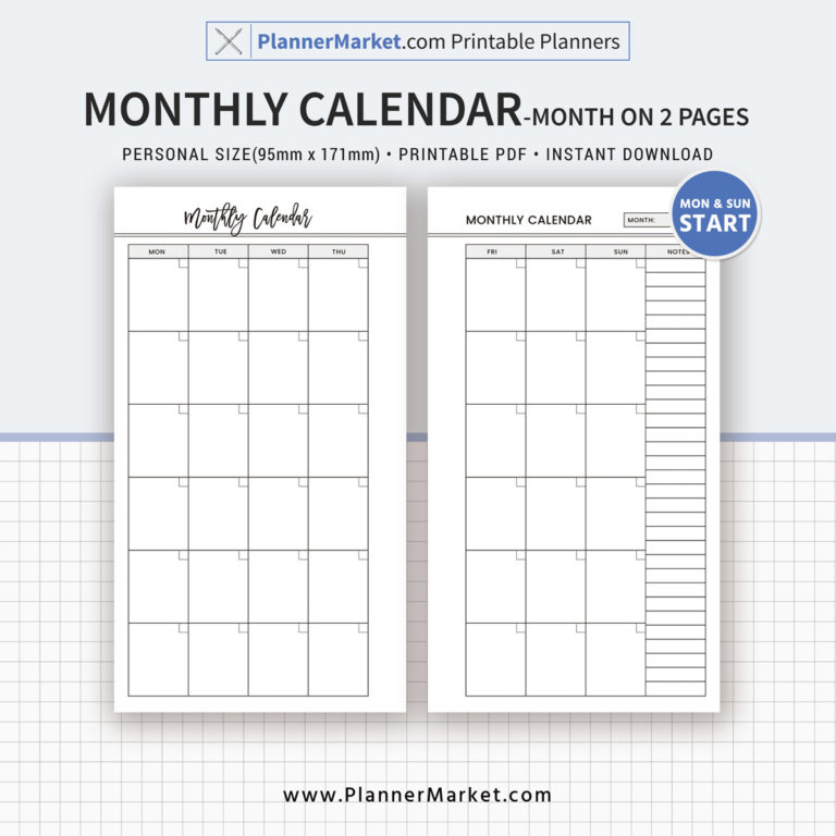 Monthly Calendar, Monthly Planner, Month On 2 Pages, Planner Design ...