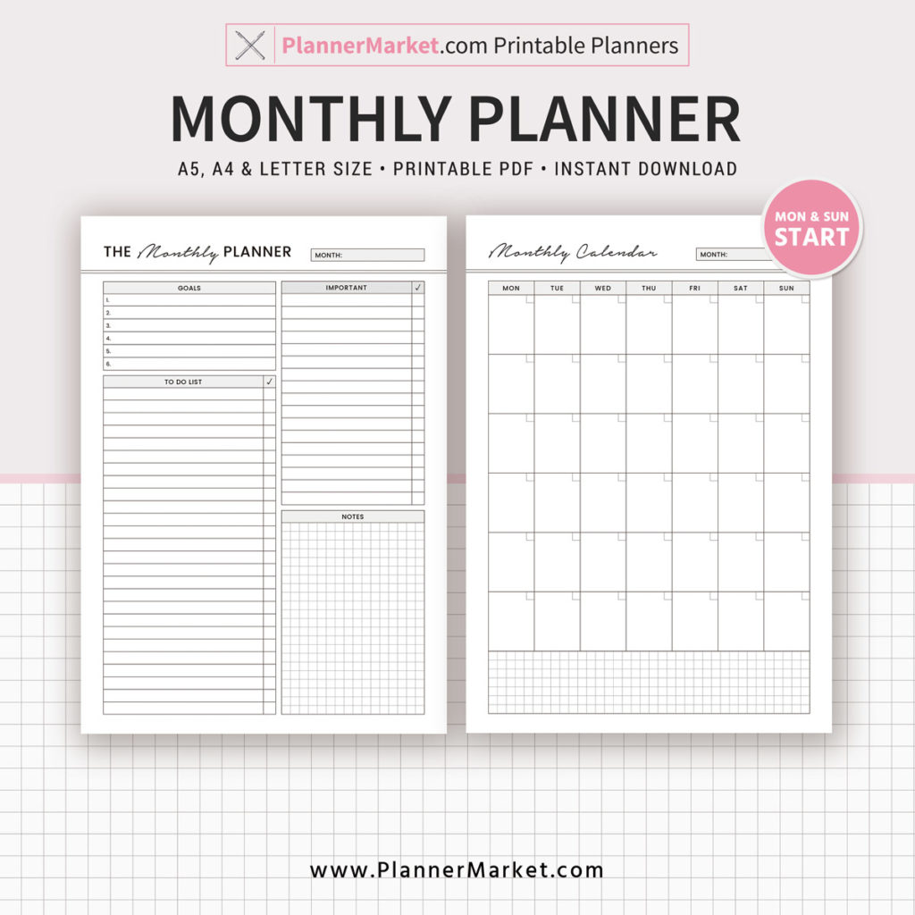 Monthly Planner, Monthly Calendar, A5, A4, Letter Size, Printable ...