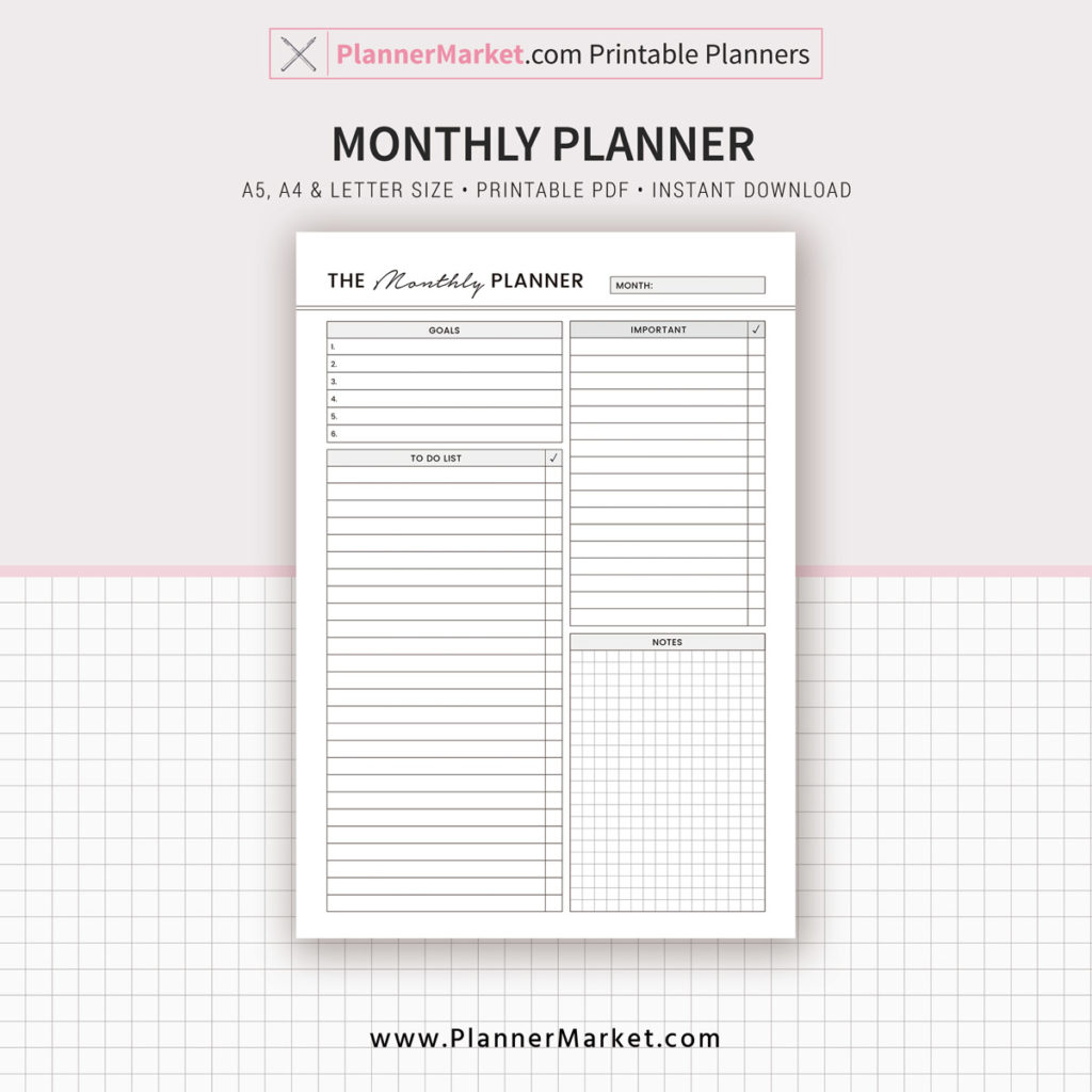Monthly Planner, Monthly Calendar, A5, A4, Letter Size, Printable ...