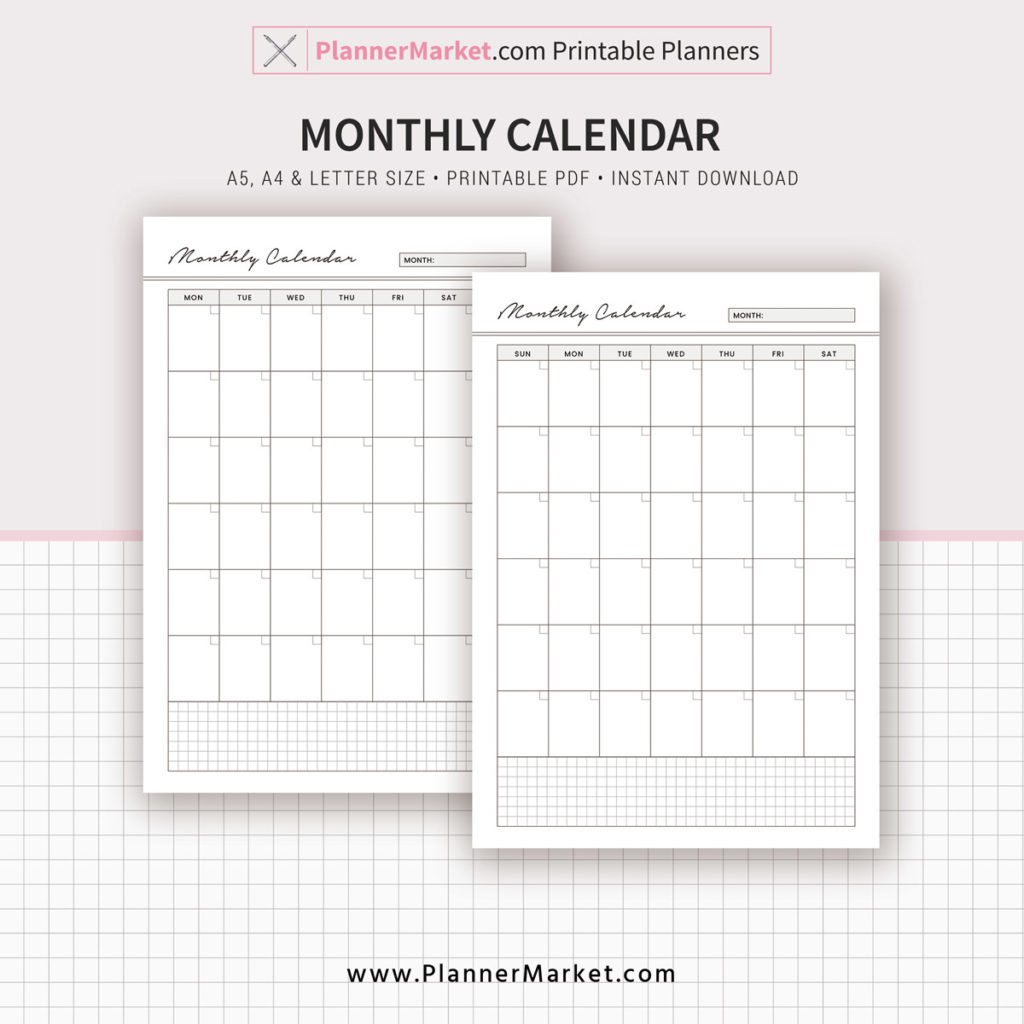 Monthly Planner, Monthly Calendar, A5, A4, Letter Size, Printable ...