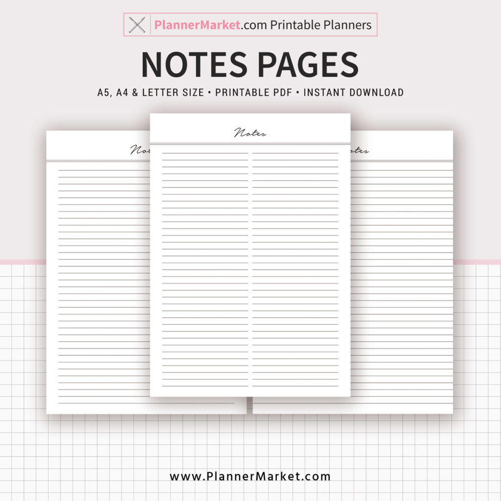 Notes Page, A5, A4, Letter Size, Planner Refill, Planner Inserts ...