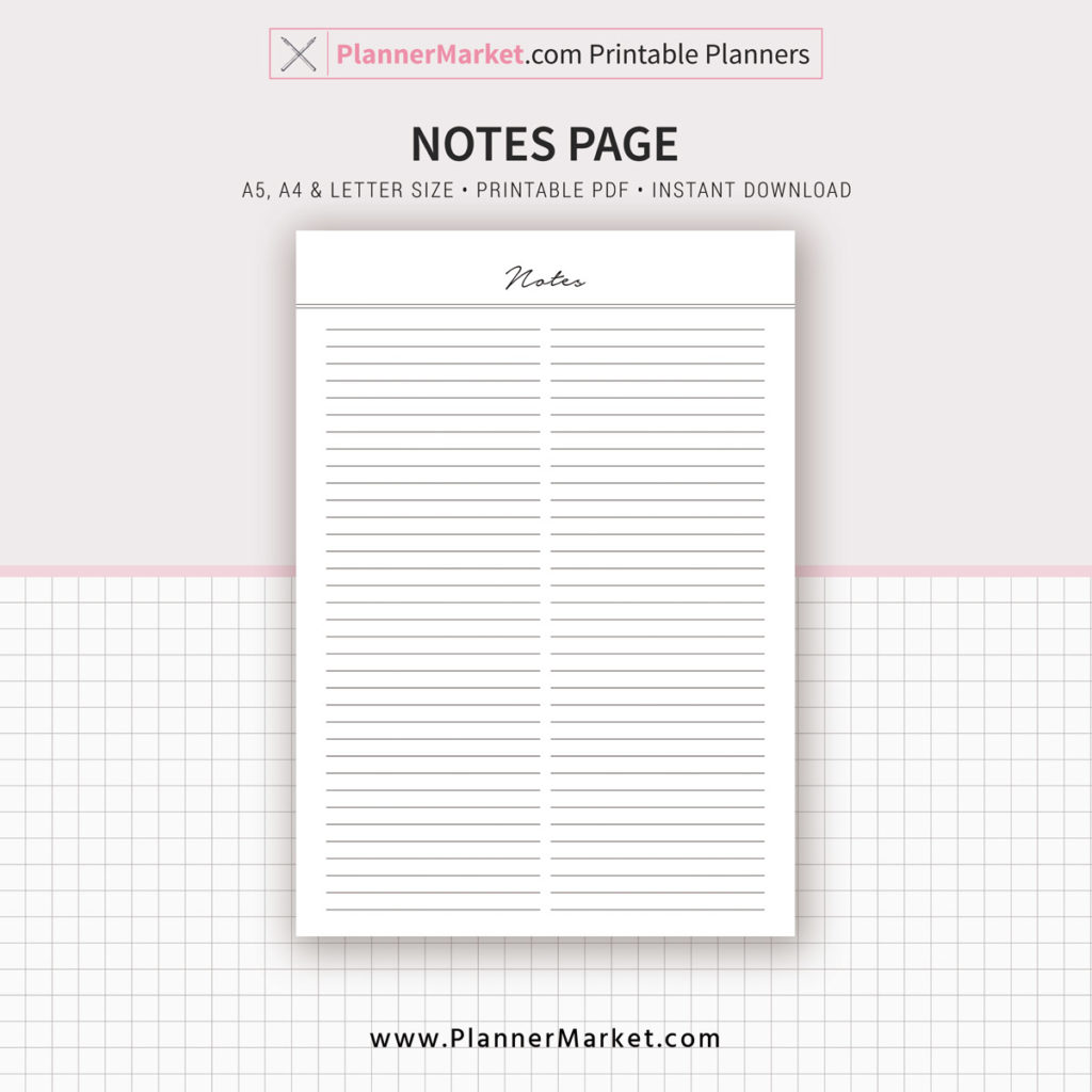 Notes Page, A5, A4, Letter Size, Planner Refill, Planner Inserts ...