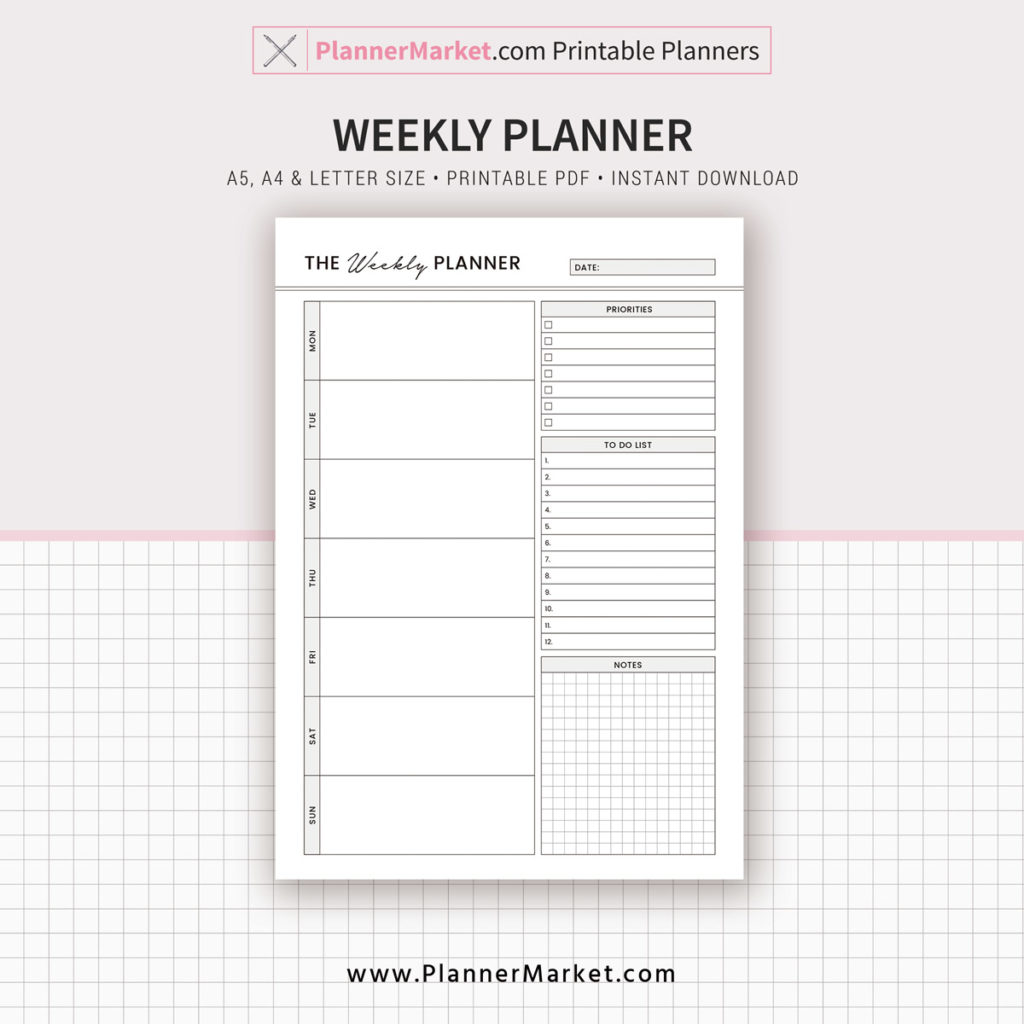 Weekly Planner, Weekly Schedule, A5, A4, Letter Size, Printable Planner ...