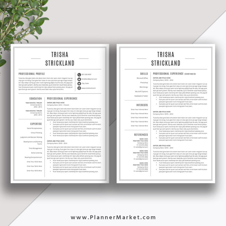 www.PlannerMarket.com-Resume-Templates-Images-The-TRISHA-Resume-2-Page ...